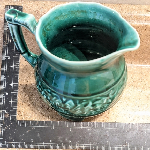 Mccoy | Art | Mccoy Green Ceramic Art Pitcher With Ornate Relief | Poshmark